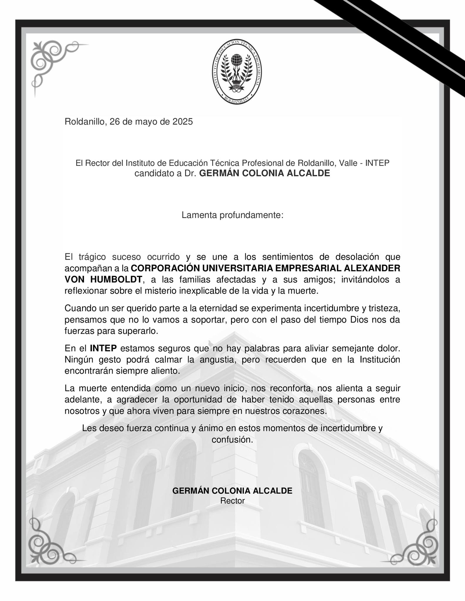 Mensaje de Condolencias – INTEP